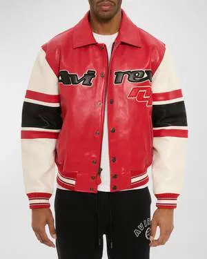 Avirex Legend Colorblock Leather Bomber Jacket - Salvage Red